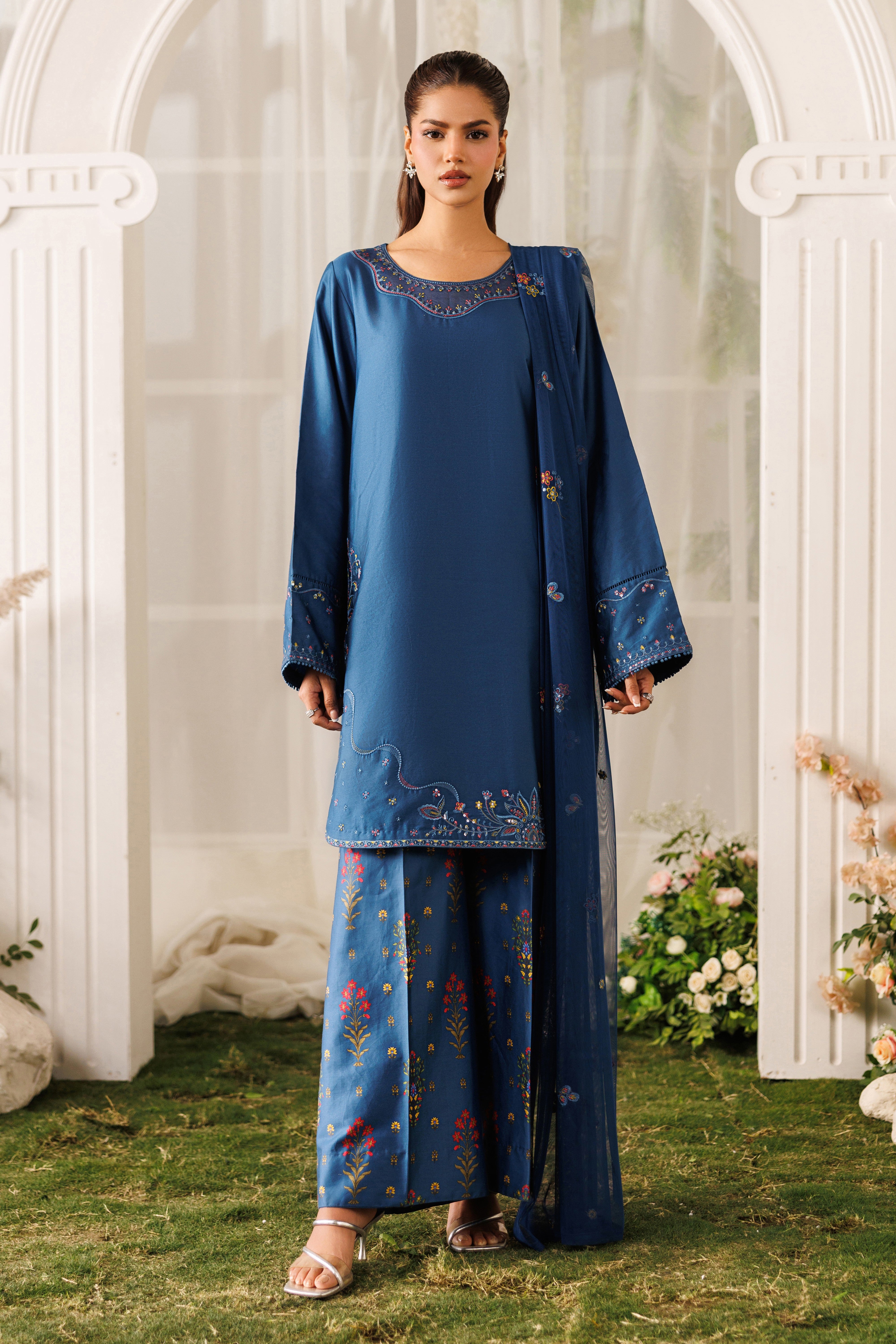 MIHHA – Blue Organza Cotton Satin Casual 3PC Outfit | NAQSHI