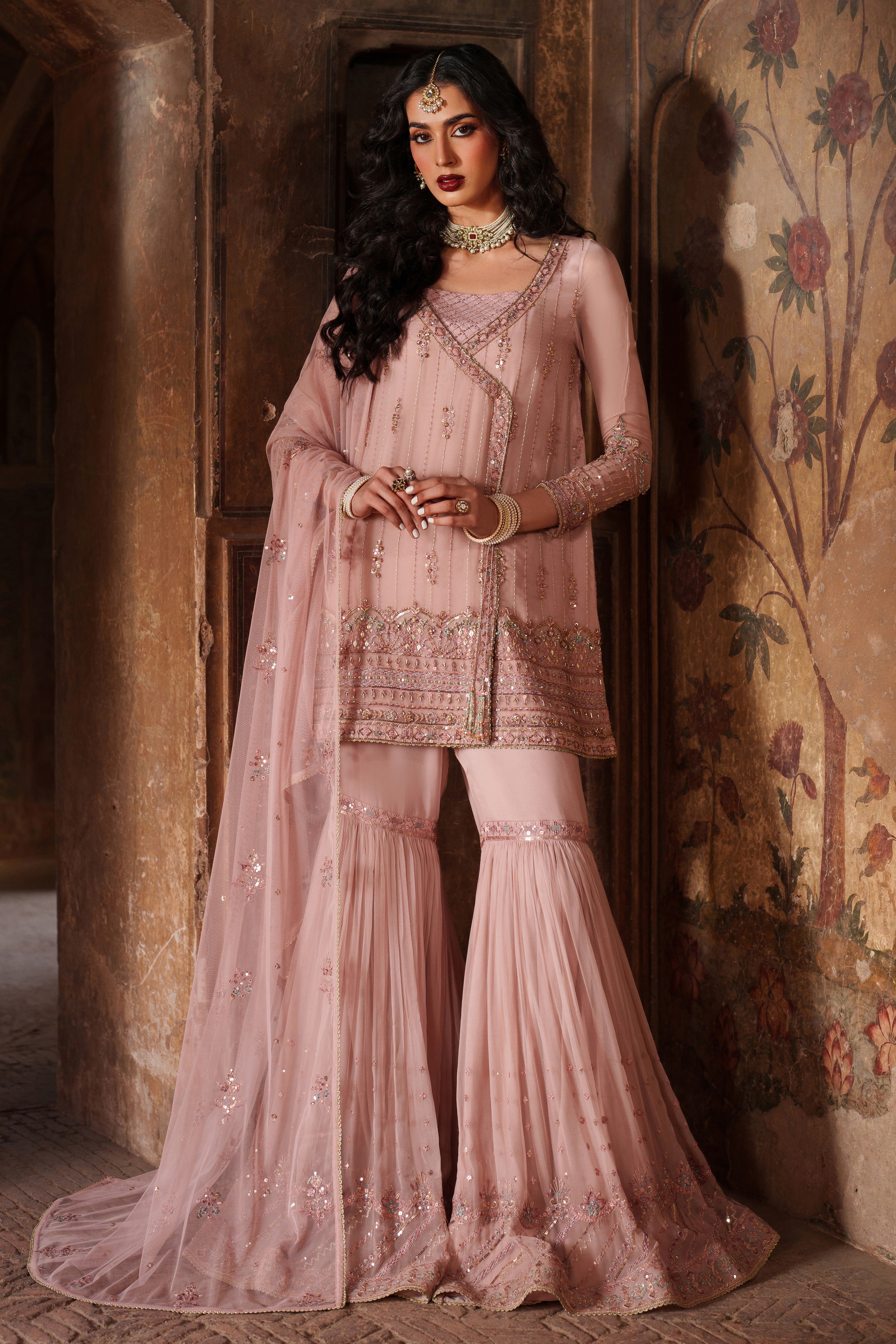 NAQSHI Zaria 3PC Light Pink – Chiffon & Gharara Suit | Shop Now