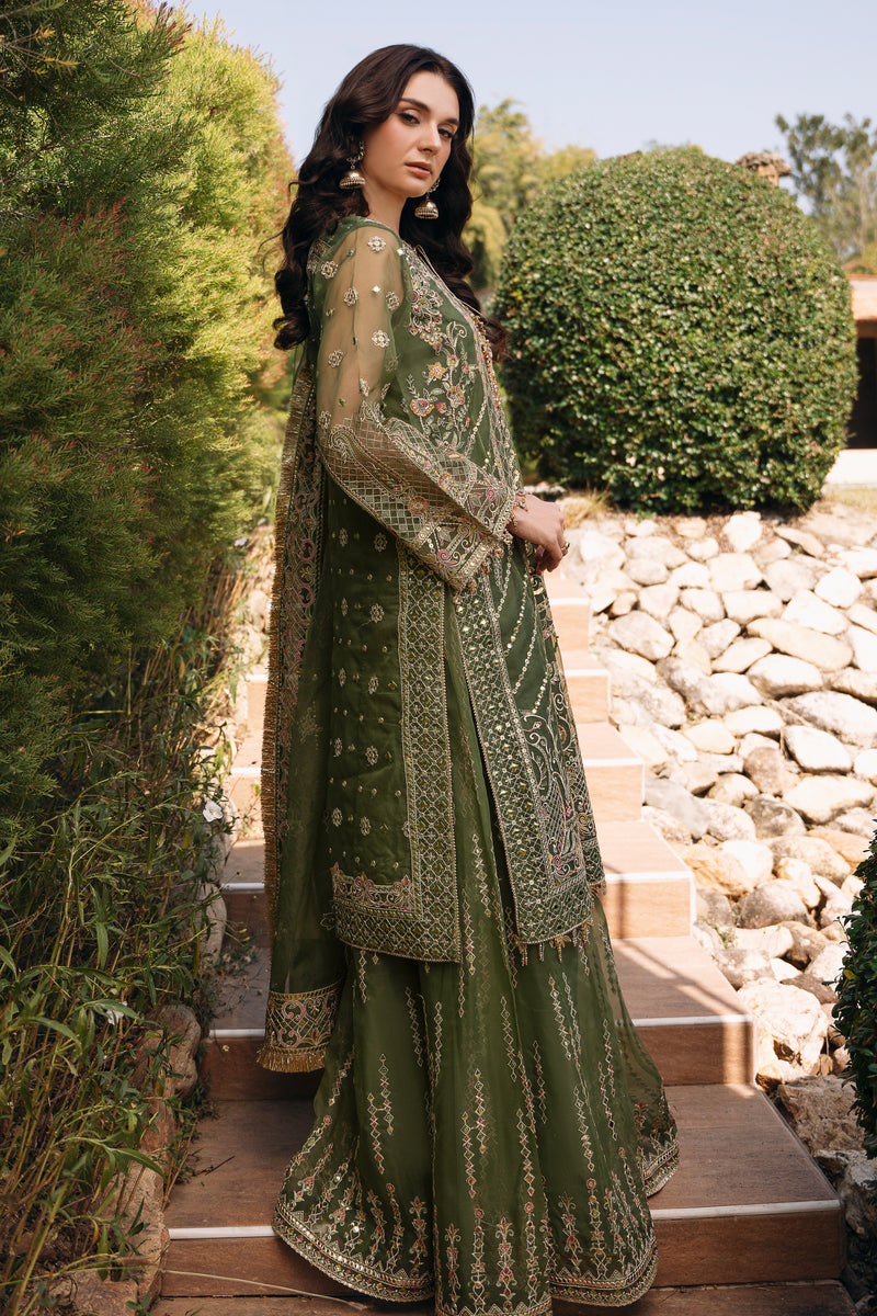 Buy NAQSHI Ruhiya – Olive Green Organza 3PC Set - Shop Now