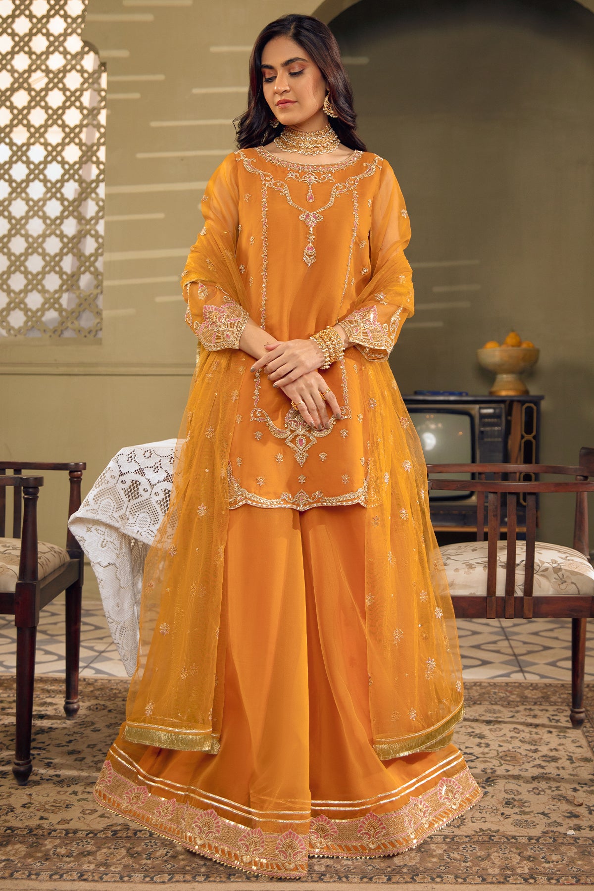NAQSHI Zaryaab Mustard Organza Shirt Sharara 3PC Set - Shop Now